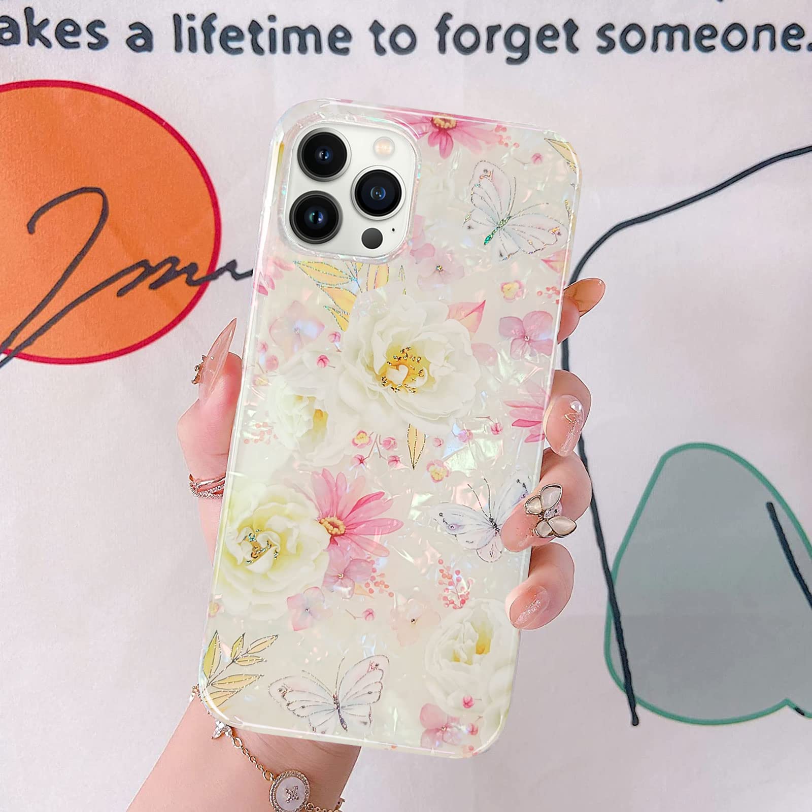 J.west iPhone 13 Pro Max Case 6.7 inch,Luxury Sparkle Glitter Soft Clear Colorful Opal Pearly Thinfoil Design Shiny Floral Print Silicone Cover for Women Girls Slim TPU Protective Phone Case