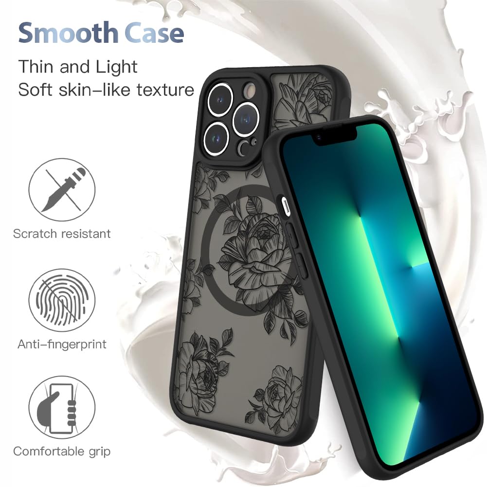 AIGOMARA Case for iPhone 13 Pro Max [Compatible with MagSafe] Black Flower Floral Pattern Design Case for Women Girls Soft TPU Bumper Hard PC Back Anti-Fall Shockproof Protective Magnetic Cover