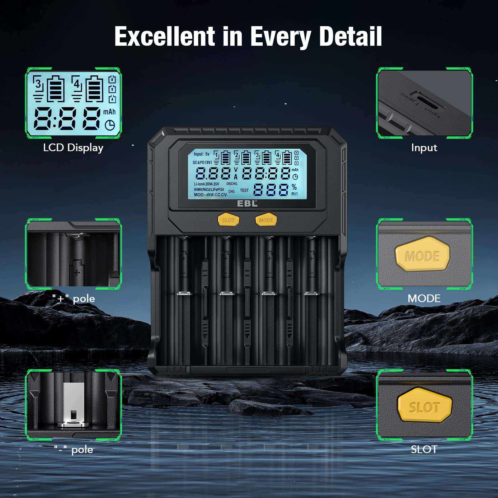 EBL 18650 Battery Charger with Discharge & Testing Functions, Lithium Battery Charger for 3.6V/3.7V/3.85V Li-ion/IMR/INR/ICR/3.2VLiFePO4, 1.2V Ni-MH/Ni-CD Rechargeable Batteries