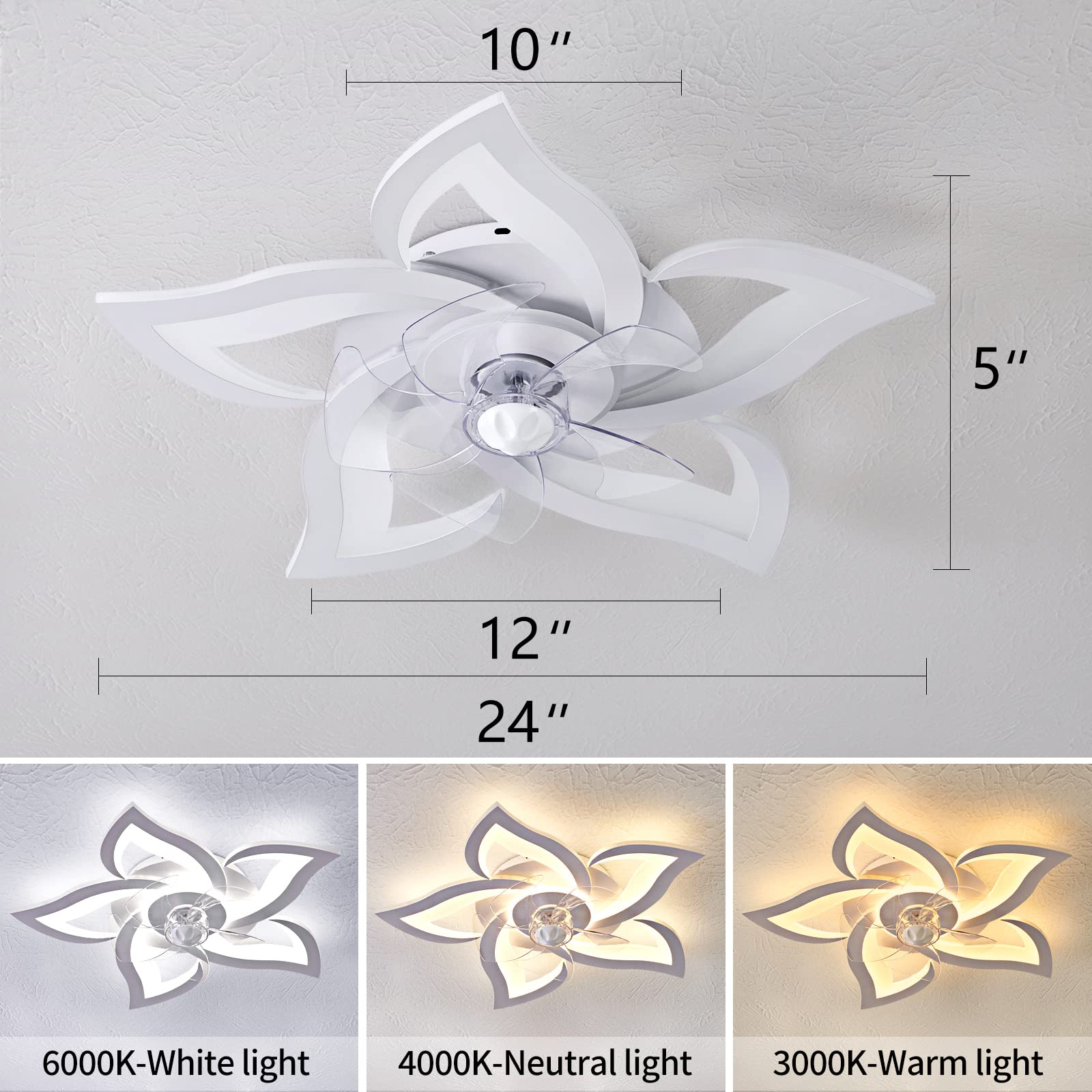 HuixuTe Ceiling Fan with Lights Remote Control, 3 Colors, 6 Speeds, 24" Geometric Bladeless Ceiling Fan, White Low Profile Ceiling Fan with Light for Kitchen Bedroom