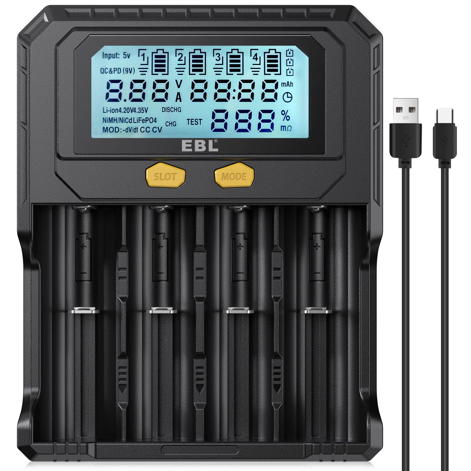 EBL 18650 Battery Charger with Discharge & Testing Functions, Lithium Battery Charger for 3.6V/3.7V/3.85V Li-ion/IMR/INR/ICR/3.2VLiFePO4, 1.2V Ni-MH/Ni-CD Rechargeable Batteries