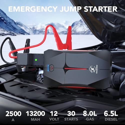 FLYLINKTECH Car Jump Starter 2500A 12V Smart Auto Battery Booster Pack(for uo to 8.0L Gas & 6.5L Diesel), Portable Power Bank, 19.6'' Safe Jumper Cable, LED Flashlight, EC5 Car Cigarette Lighter