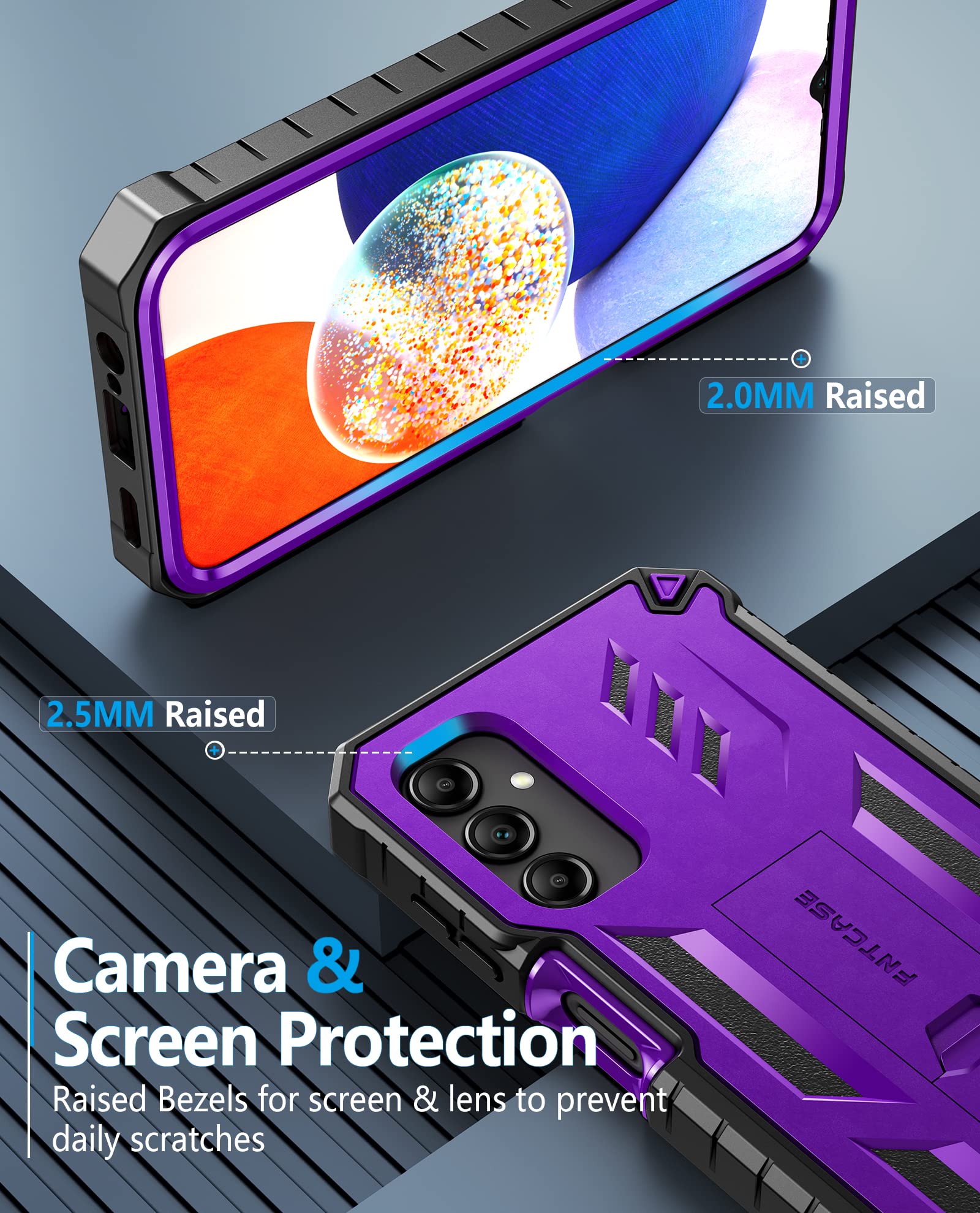 FNTCASE for Samsung Galaxy A14-5G Case: Dual-Layer Protective Textured Shockproof Rugged TPU Cover with Kickstand | Military Grade Drop Protection | Heavy Duty Cell Phone Protector - Purple