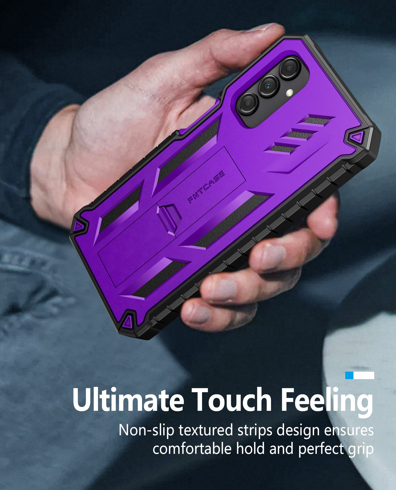 FNTCASE for Samsung Galaxy A14-5G Case: Dual-Layer Protective Textured Shockproof Rugged TPU Cover with Kickstand | Military Grade Drop Protection | Heavy Duty Cell Phone Protector - Purple