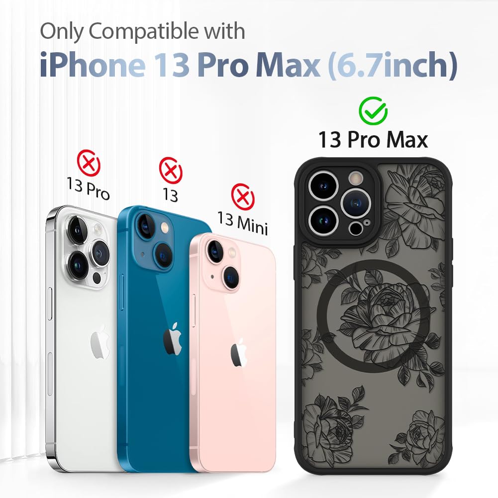 AIGOMARA Case for iPhone 13 Pro Max [Compatible with MagSafe] Black Flower Floral Pattern Design Case for Women Girls Soft TPU Bumper Hard PC Back Anti-Fall Shockproof Protective Magnetic Cover