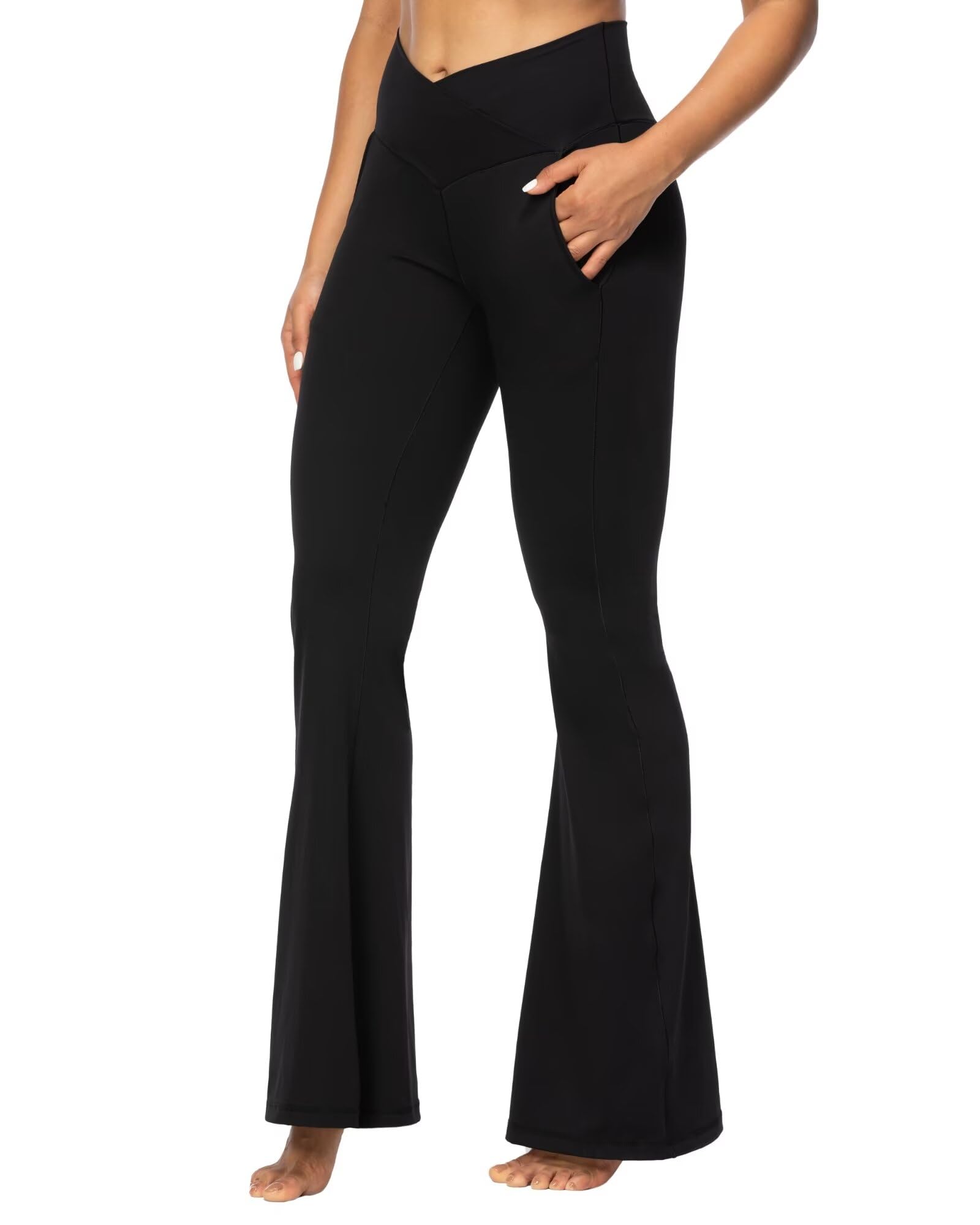 Sunzel Flare Leggings for Women with Pockets, Crossover Yoga Pants with Tummy Control, High Waisted and Wide Leg 32" Midnight Medium