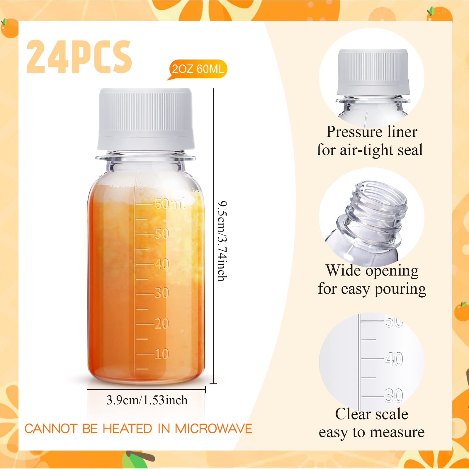Zubebe 24 Pcs Plastic Bottles with Caps Clear Ginger Shots Bottles with Lids Leak Proof Small Juice for Freezer Mini Water Containers for Drink Milk Beer Coffee Liquid(2 oz)