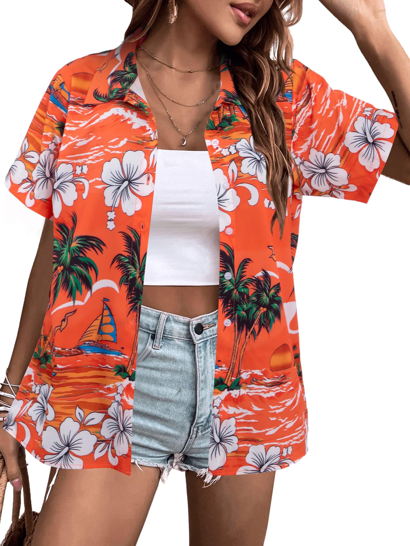 NANYUAYA Womens Hawaiian Shirts Boho Open Front Soft Cool V Neck Short Sleeve Tropical Button Up Blouses Tops Orange