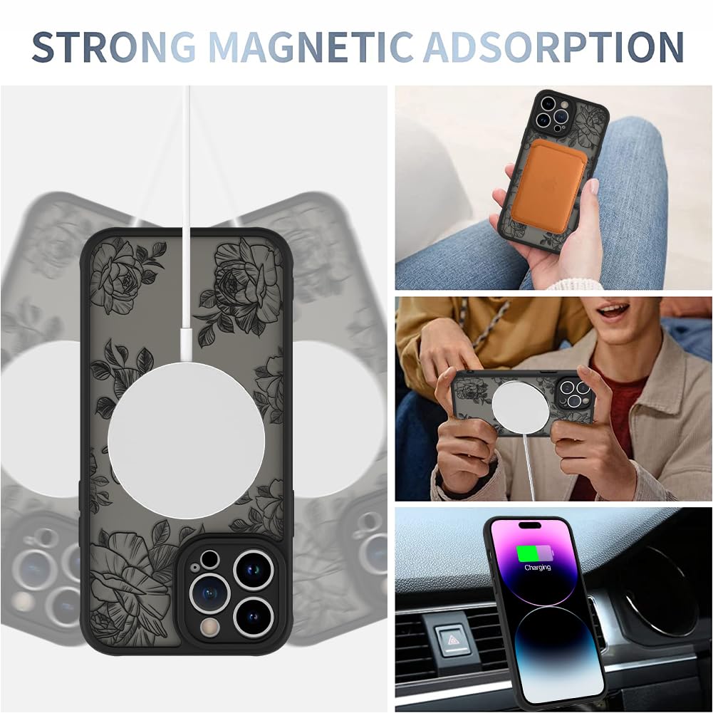 AIGOMARA Case for iPhone 14 Pro Max [Compatible with MagSafe] Black Flower Floral Pattern Design Case for Women Girls Soft TPU Bumper Hard PC Back Anti-Fall Shockproof Protective Slim Magnetic Cover