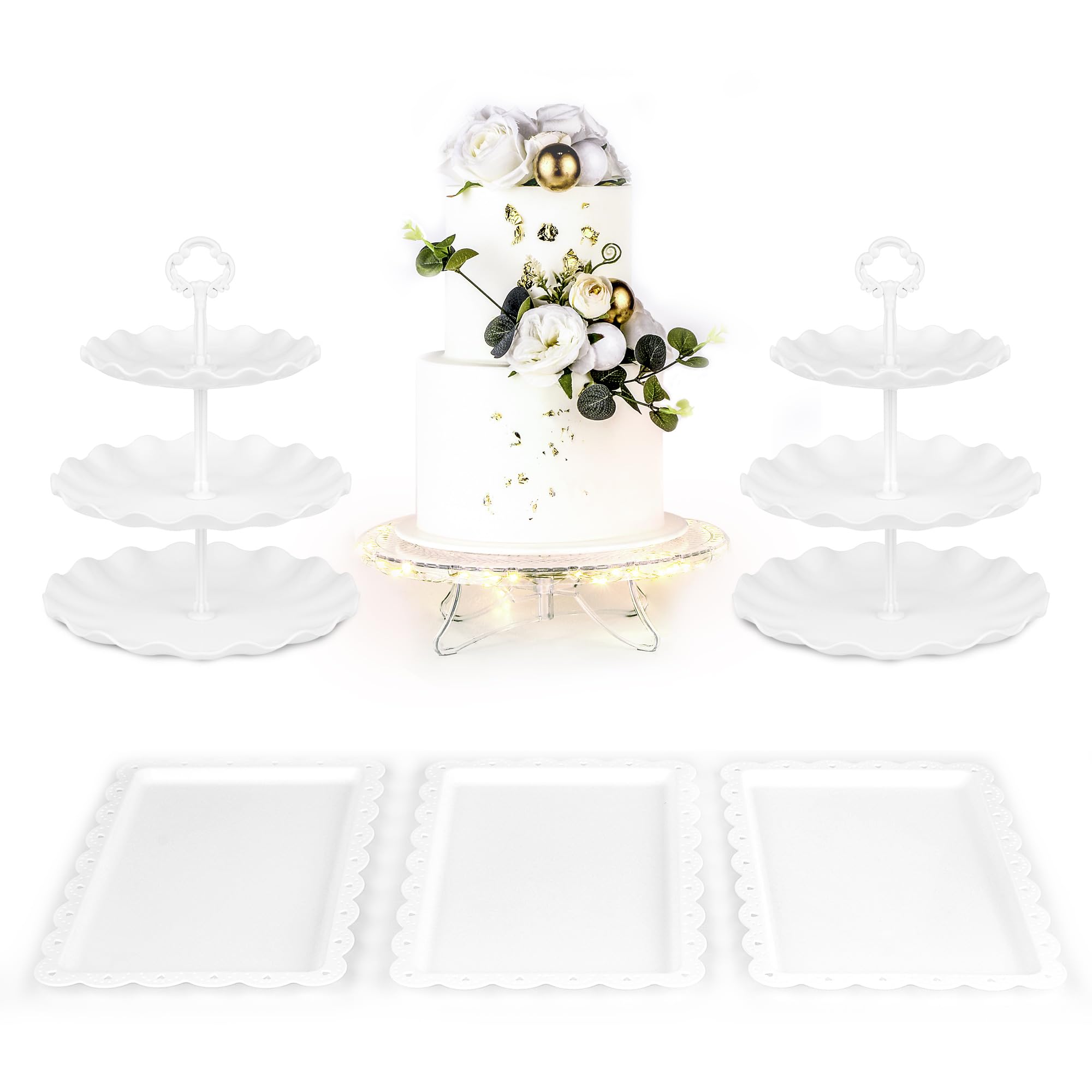NWK 6 Piece Cake Stand Dessert Stand 12inch Cake Plate Two 3-Tier Cupcake Stands Three Appetizer Trays for Birthday Baby Shower Tea Party