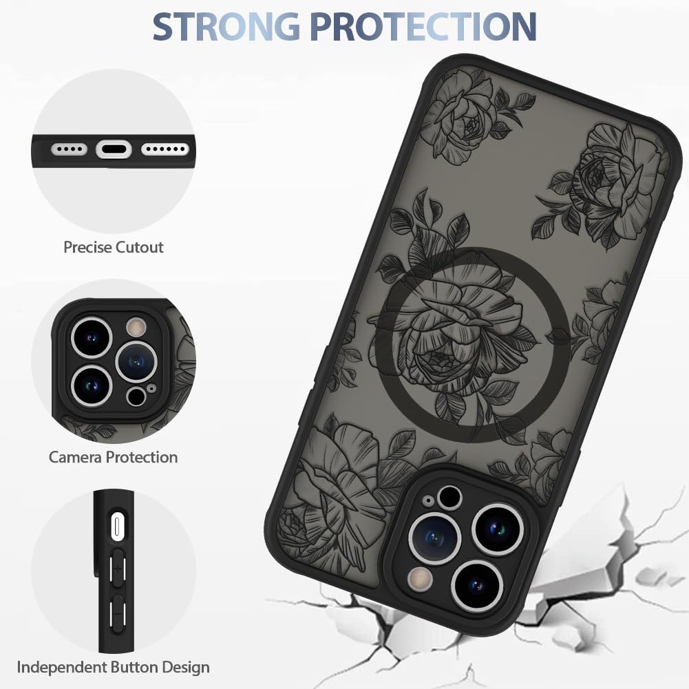 AIGOMARA Case for iPhone 14 Pro Max [Compatible with MagSafe] Black Flower Floral Pattern Design Case for Women Girls Soft TPU Bumper Hard PC Back Anti-Fall Shockproof Protective Slim Magnetic Cover