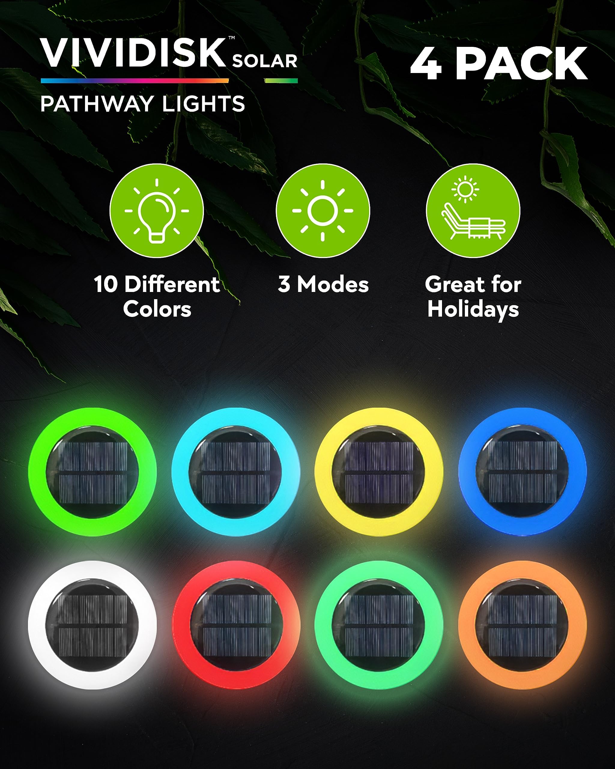 Bell+Howell VIVIDISK LED Solar Garden Lights Easy to Install Color Changing 4 Pk Solar Pathway Lights/Yard Lights, Solar Landscape Lights Solar Powered Waterproof, Lawn/Walkway/Driveway Lights…