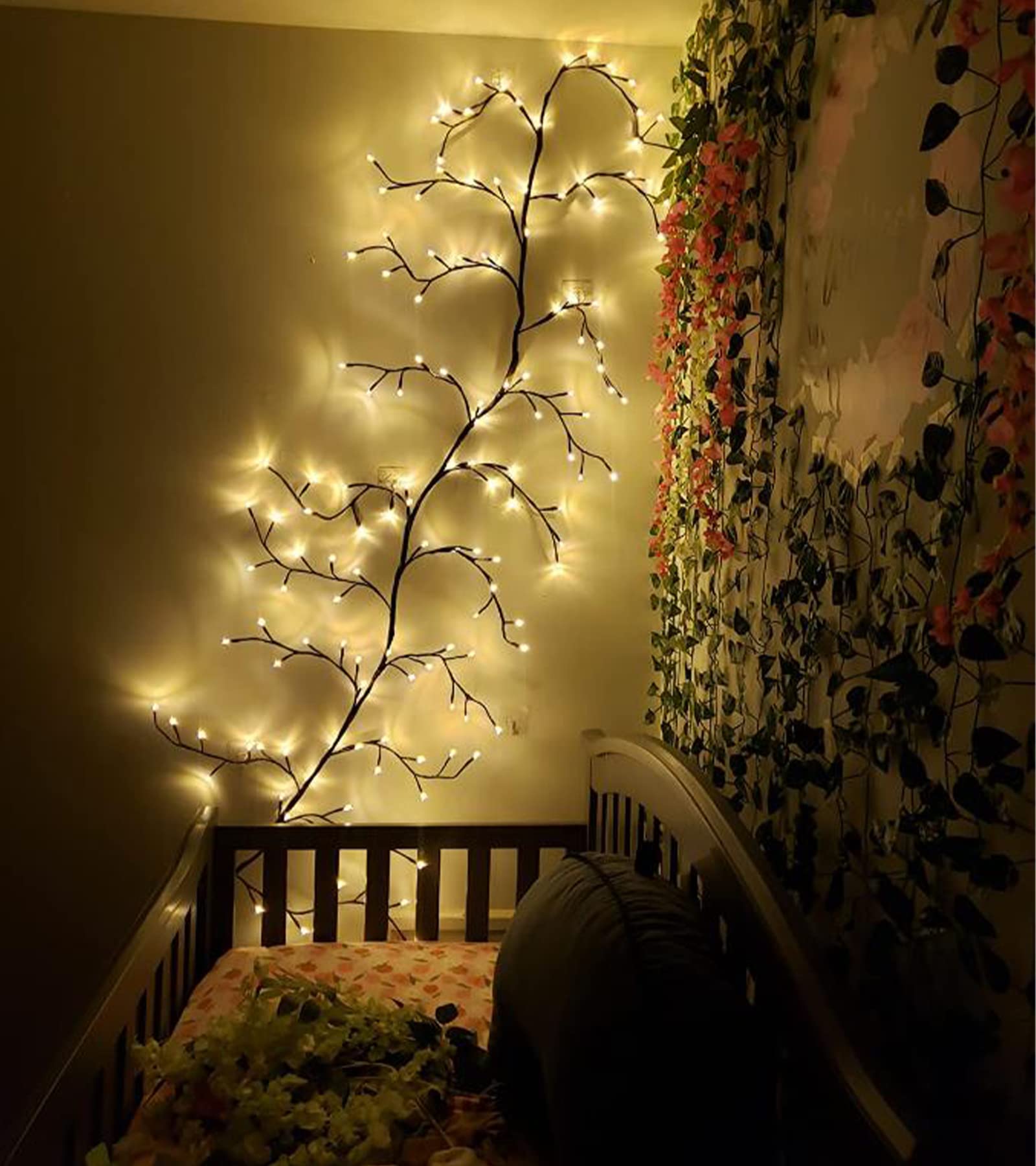 LKGOOD Vines for Room Decor with Remote Control On/Off Timmer Dim,7.5FT Artificial Plants Tree Willow Vine Lights Plug in 144 LEDs for Walls Bedroom,Living Room,Indoor Home Decoration(Brown)