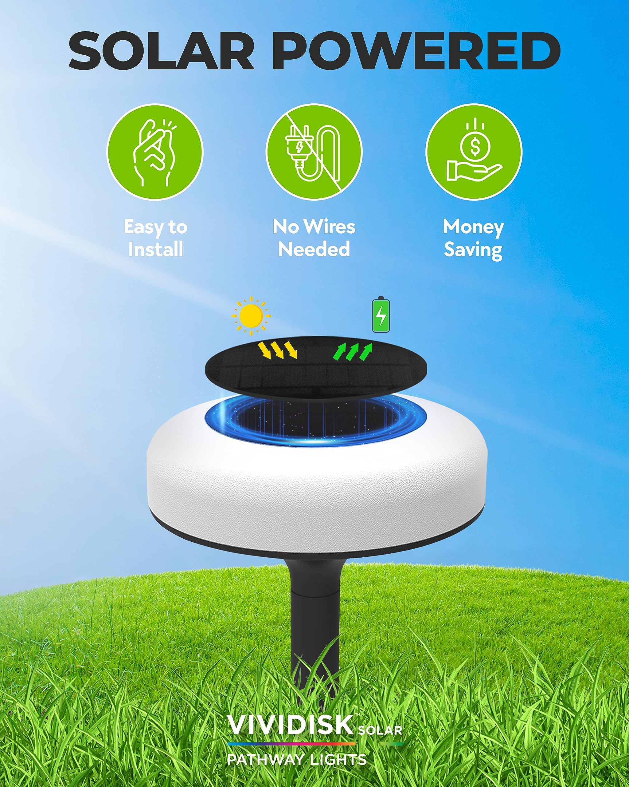Bell+Howell VIVIDISK LED Solar Garden Lights Easy to Install Color Changing 4 Pk Solar Pathway Lights/Yard Lights, Solar Landscape Lights Solar Powered Waterproof, Lawn/Walkway/Driveway Lights…