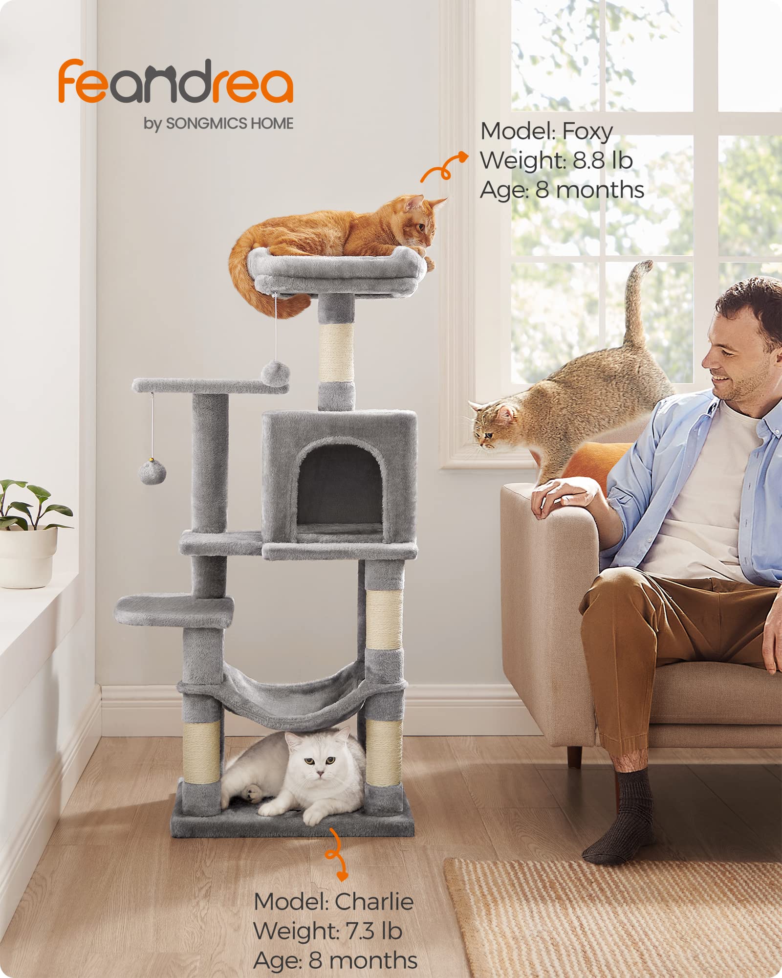 Feandrea Cat Tree, 44.1-Inch Cat Tower for Indoor Cats, Multi-Level Cat Condo with 4 Scratching Posts, 2 Perches, Hammock, Cave, Light Gray UPCT261W01