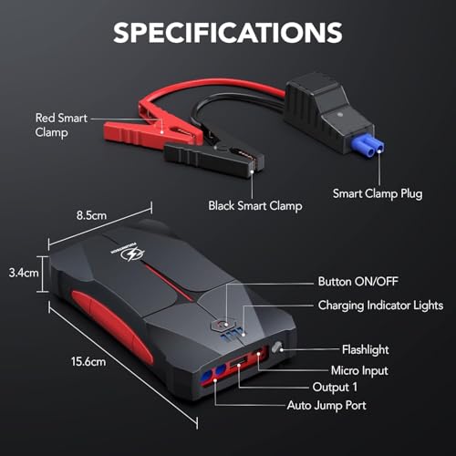 FLYLINKTECH Car Jump Starter 2500A 12V Smart Auto Battery Booster Pack(for uo to 8.0L Gas & 6.5L Diesel), Portable Power Bank, 19.6'' Safe Jumper Cable, LED Flashlight, EC5 Car Cigarette Lighter