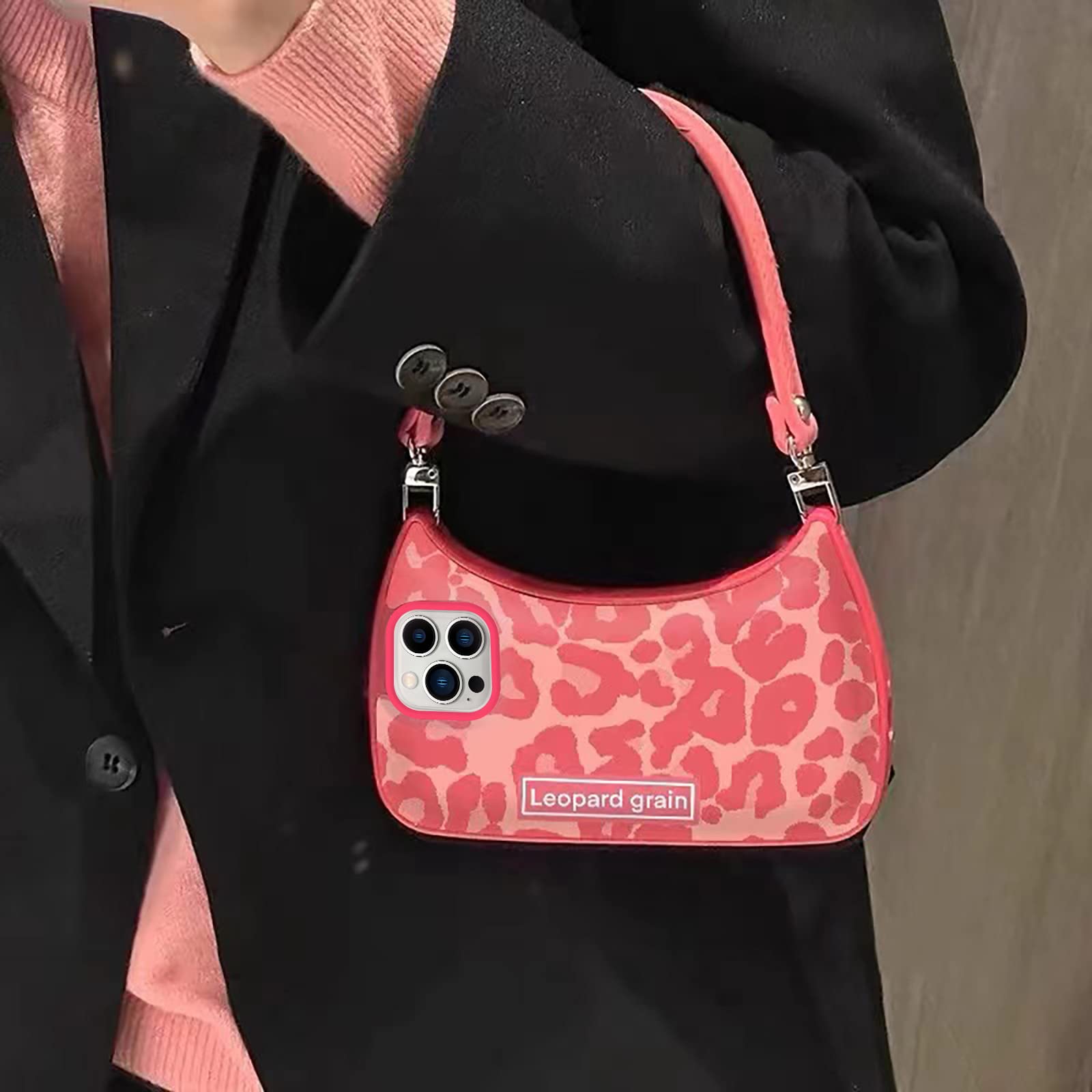 Compatible with iPhone 13 Pro Max Case Cute Aesthetic Pink Leopard Print Wallet-Shaped with Strap Bracelet Chain Shockproof Protective Case for Women Girls