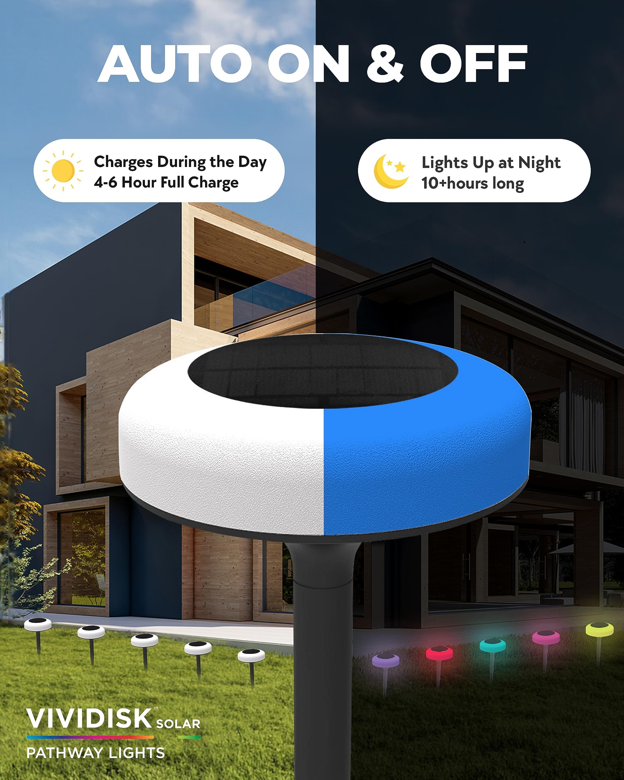 Bell+Howell VIVIDISK LED Solar Garden Lights Easy to Install Color Changing 4 Pk Solar Pathway Lights/Yard Lights, Solar Landscape Lights Solar Powered Waterproof, Lawn/Walkway/Driveway Lights…