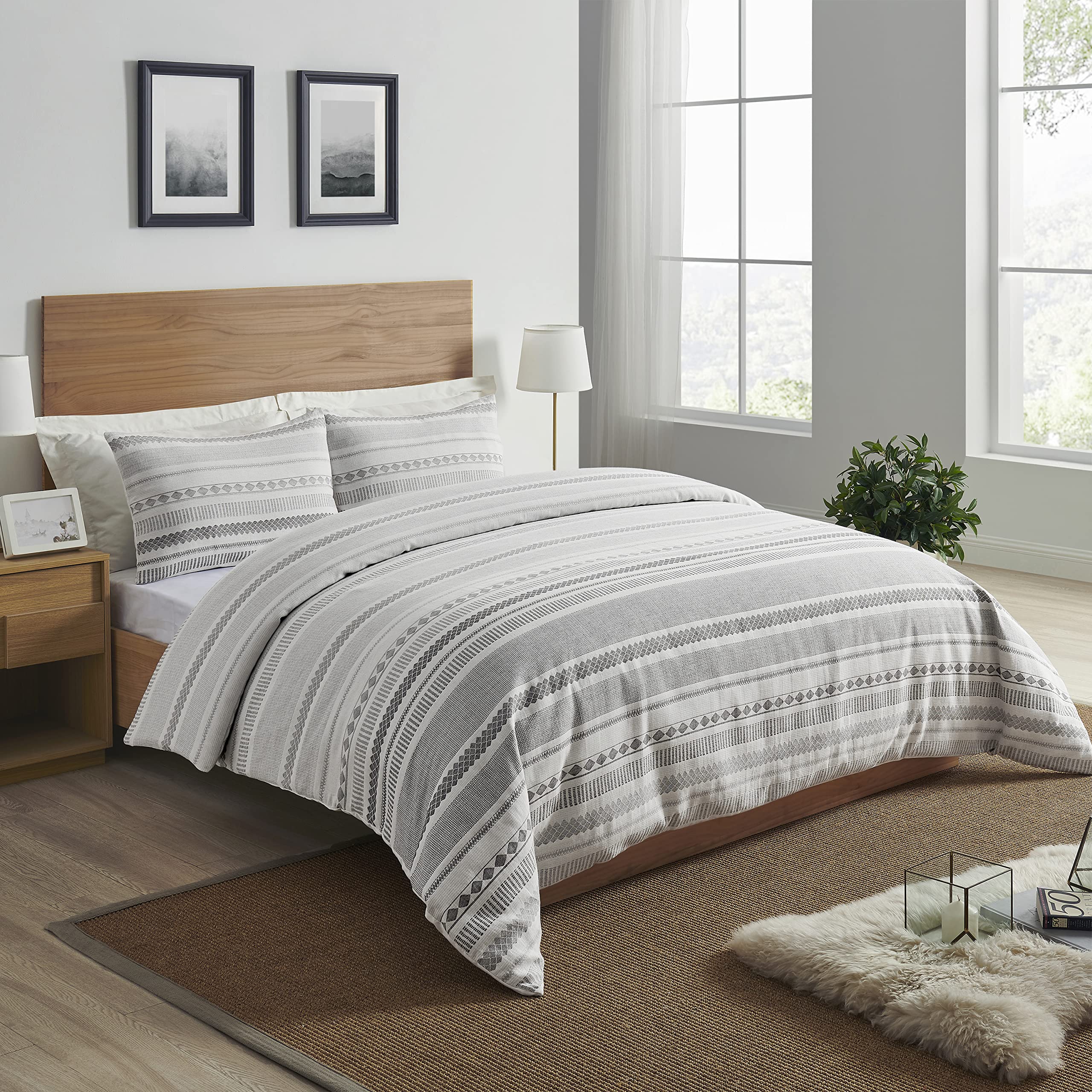 Sweet Jojo Designs Boho Black and Grey Cotton Woven Jacquard Modern Duvet Comforter Cover and Sham 3 pc Full Queen Bed Bedding Set Bedroom Farmhouse Patterned Ivory Bohemian Textured Neutral Geometric