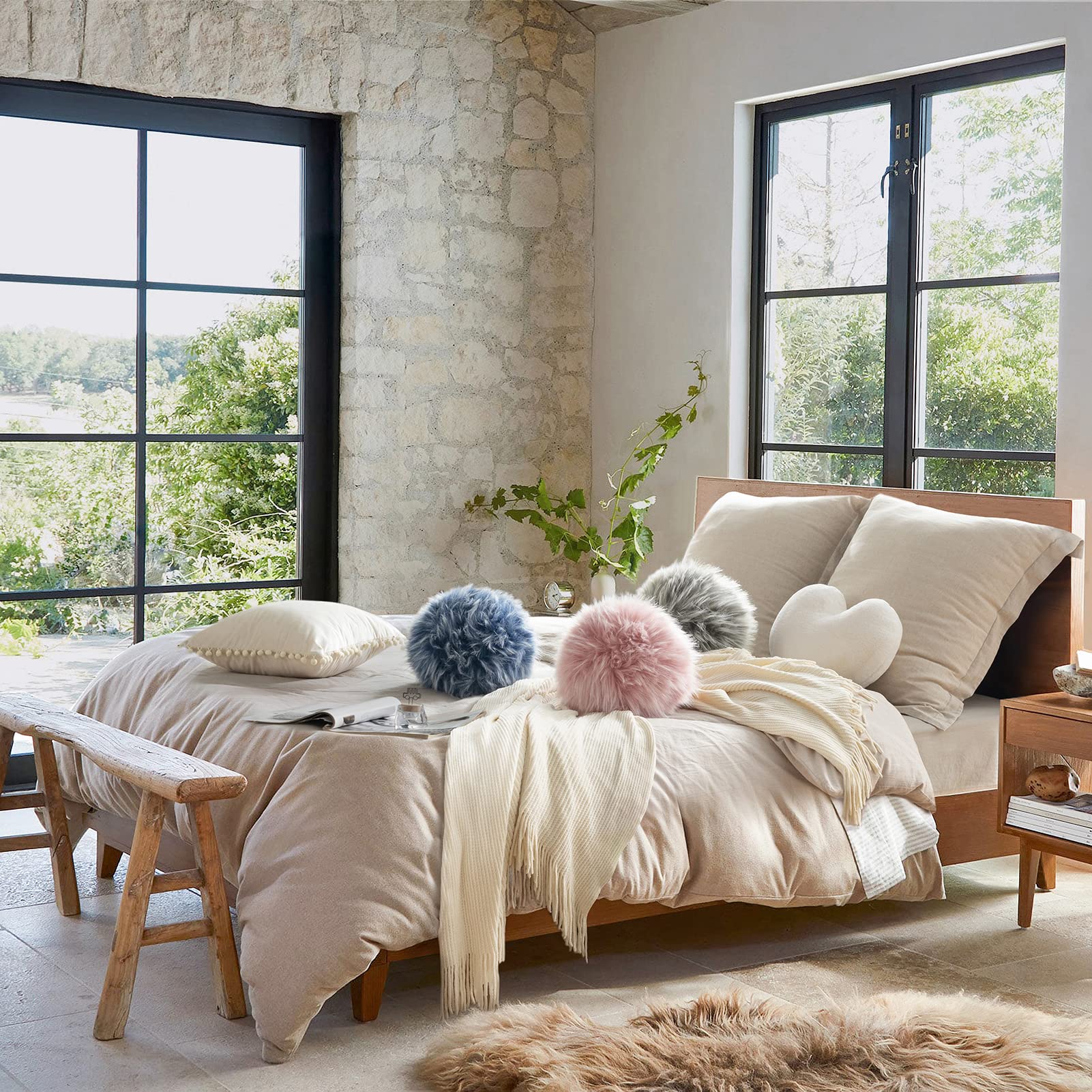 Ashler Plush Round Pillows, Ball Throw Pillow with Handle, Faux Fur Luxury Soft Decorative Cushion, Modern Home Decor Fluffy Round Pillow for Sofa, Bed, Chair, Light Gray, 9 x 9 inch