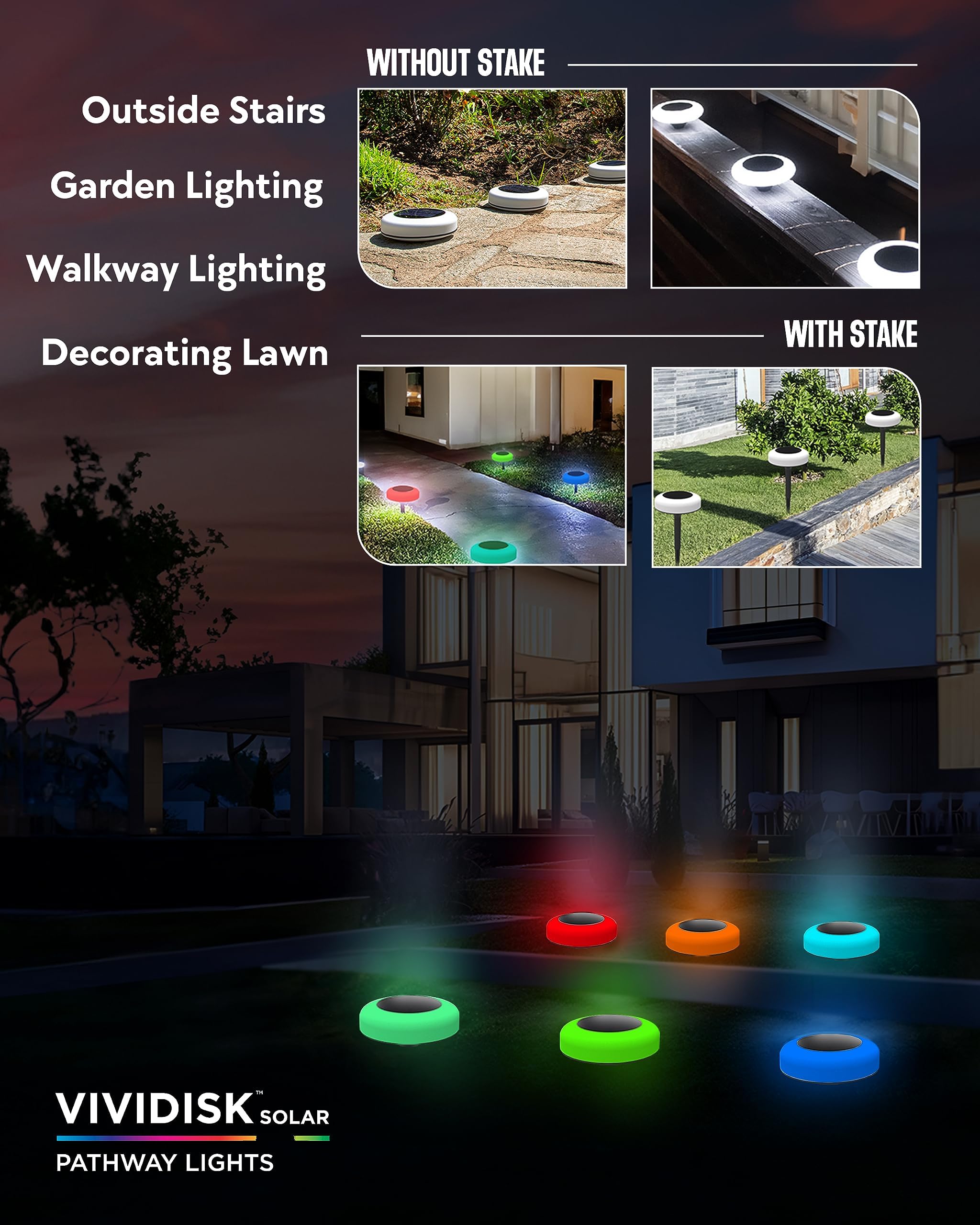Bell+Howell VIVIDISK LED Solar Garden Lights Easy to Install Color Changing 4 Pk Solar Pathway Lights/Yard Lights, Solar Landscape Lights Solar Powered Waterproof, Lawn/Walkway/Driveway Lights…