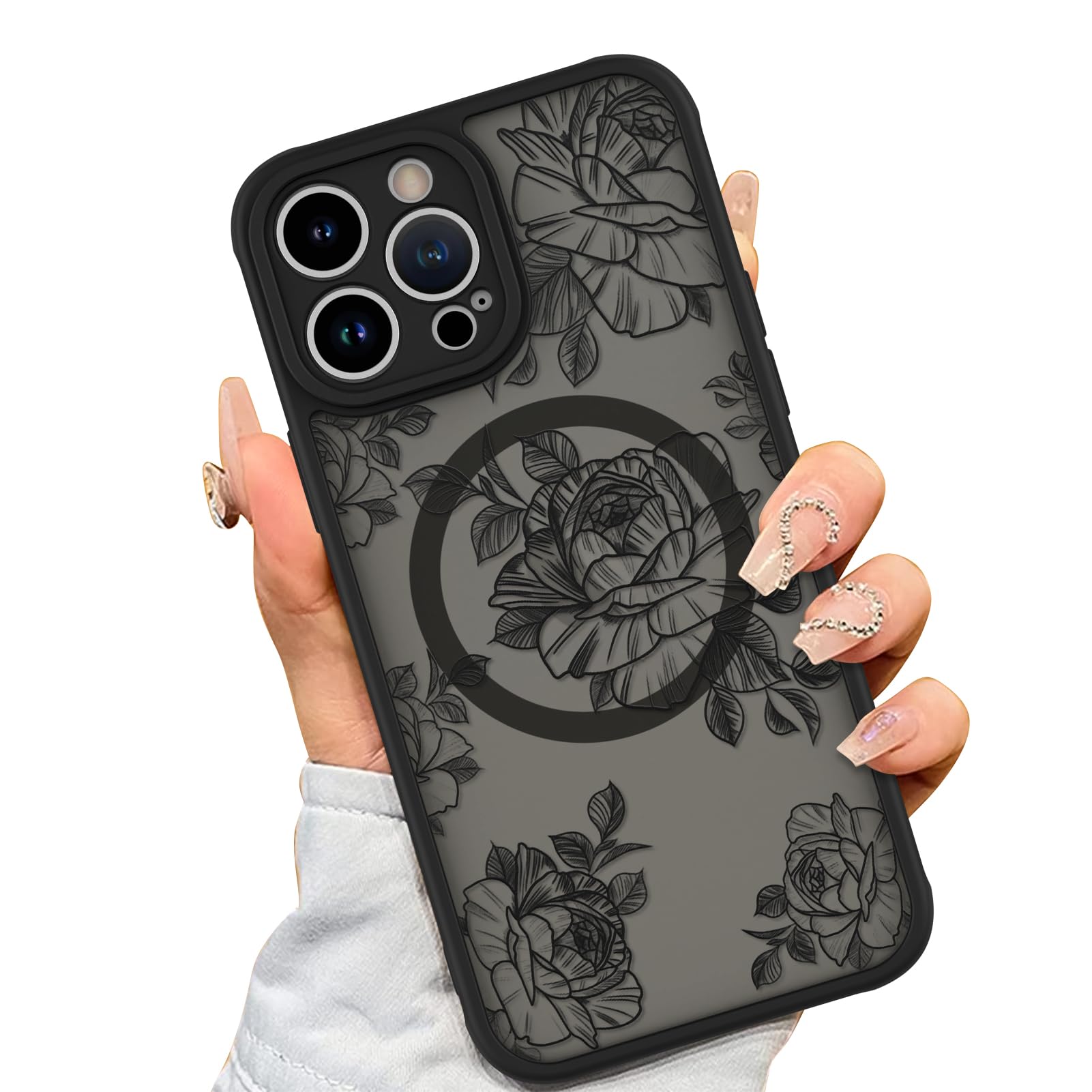 AIGOMARA Case for iPhone 14 Pro Max [Compatible with MagSafe] Black Flower Floral Pattern Design Case for Women Girls Soft TPU Bumper Hard PC Back Anti-Fall Shockproof Protective Slim Magnetic Cover