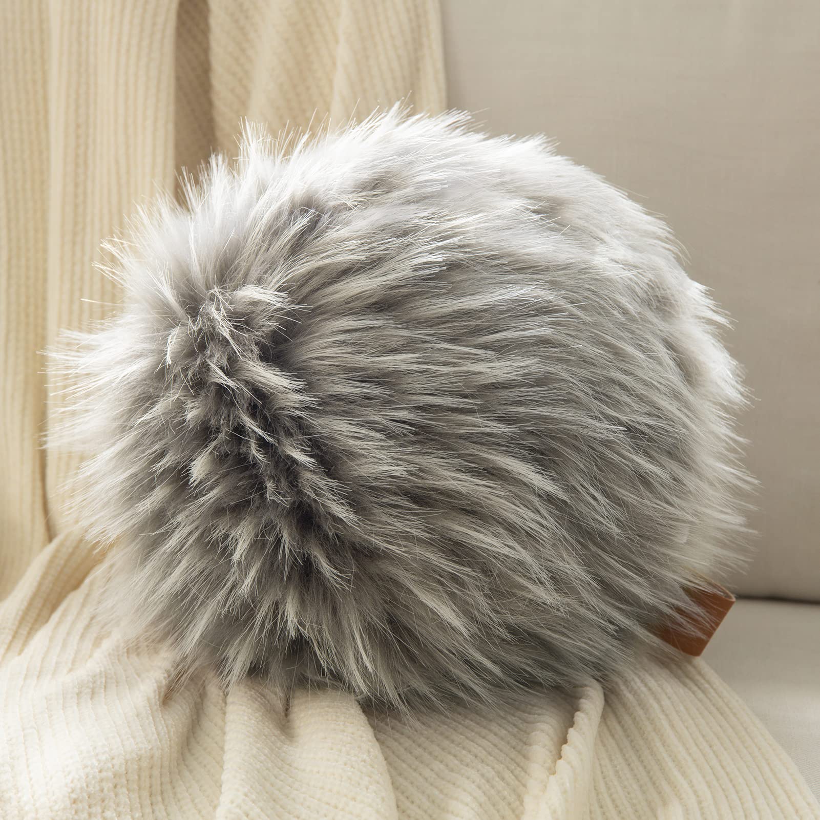Ashler Plush Round Pillows, Ball Throw Pillow with Handle, Faux Fur Luxury Soft Decorative Cushion, Modern Home Decor Fluffy Round Pillow for Sofa, Bed, Chair, Light Gray, 9 x 9 inch