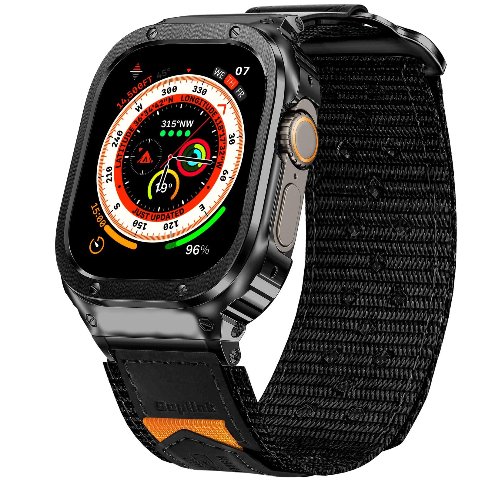 SUPLINK Stainless Steel Case and Nylon Bands Compatible with Apple Ultra 1/2 Watch Band 49mm for Men,Rugged Metal Cover Bumper Sport Strap for iWatch Series Ultra 2/Ultra 1 SE 9 8 7 6 5 4 3 2 1 Black