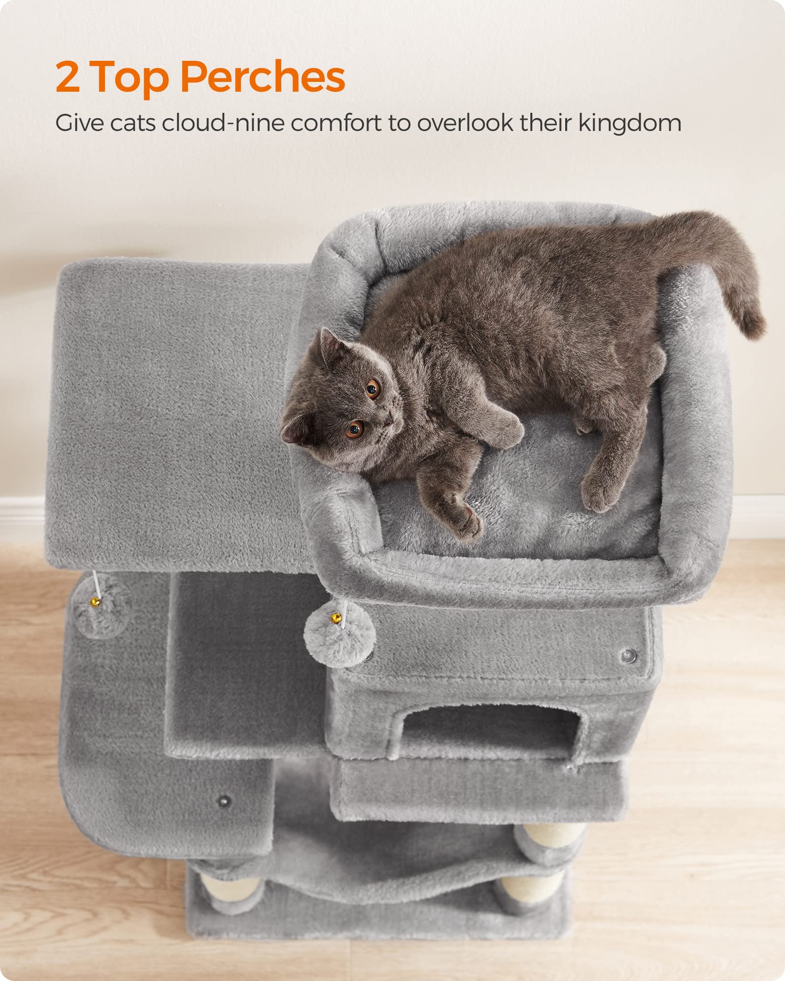 Feandrea Cat Tree, 44.1-Inch Cat Tower for Indoor Cats, Multi-Level Cat Condo with 4 Scratching Posts, 2 Perches, Hammock, Cave, Light Gray UPCT261W01
