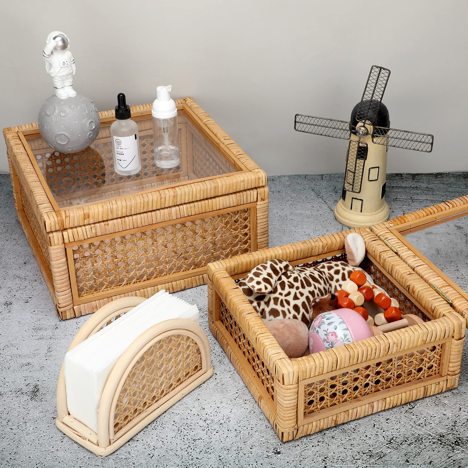 Tatuo Set of 3 Boho Rectangular Rattan Boxes with Glass Lids Woven Basket with Semicircle Napkin Holder Cane and Rattan Display Storage Basket Decorative Boxes for Home Decoration