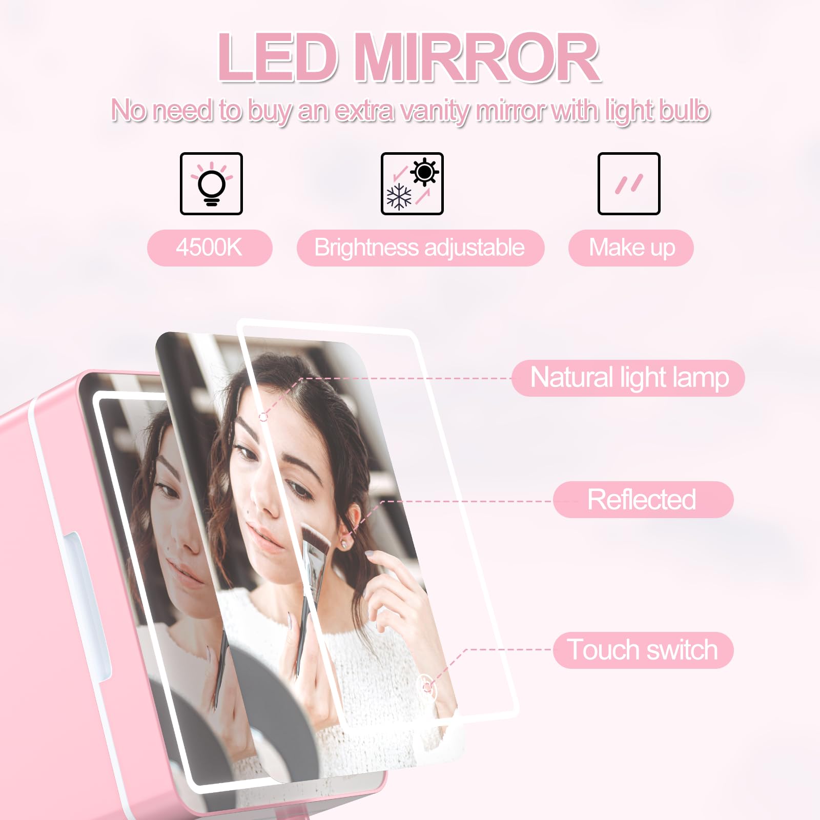 SPECILITE Mini Fridge for Skin Care, Portable Beauty Fridge with Mirror and LED Lighting (4 Liter/6 Can) Cooler and Warmer, Personal AC/DC Refrigerator for Skincare, Makeup, Beverage, Office, Bedroom (Pink)