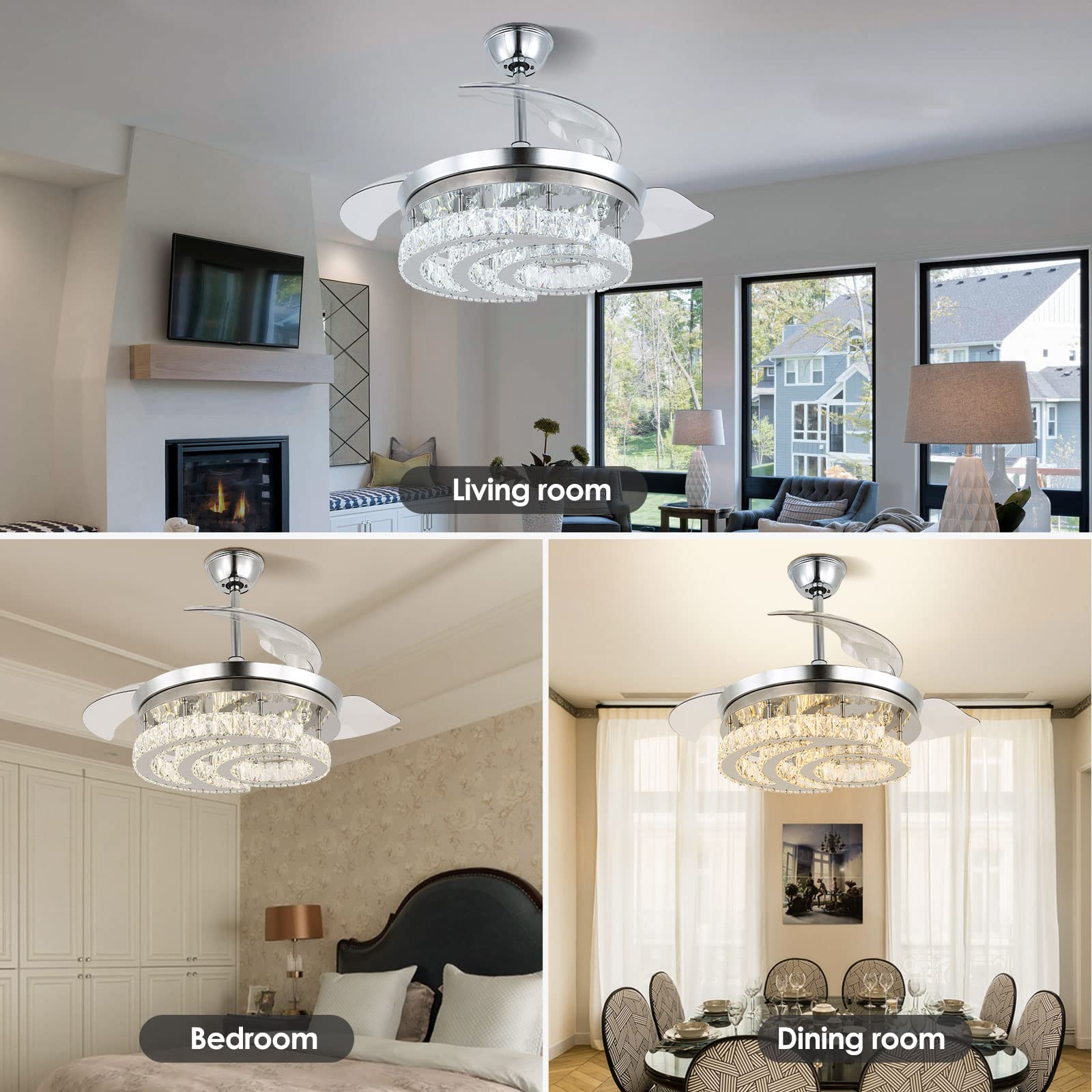FRIXCHUR 42" Dimmable Fandelier Led Crystal Chandelier Ceiling Fans with Lights and Remote Moon Shape Retractable Chandelier Ceiling Fan for Bedroom Living Room Dining Room 30W*2
