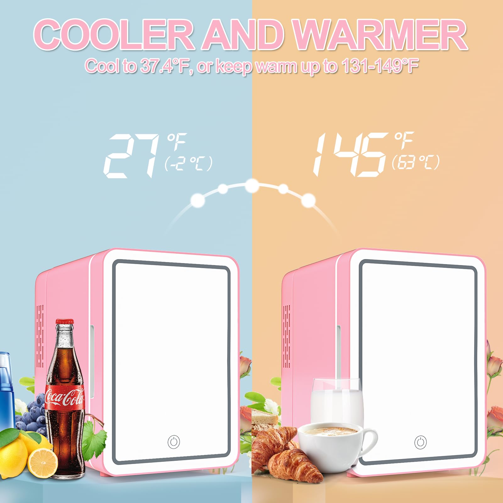 SPECILITE Mini Fridge for Skin Care, Portable Beauty Fridge with Mirror and LED Lighting (4 Liter/6 Can) Cooler and Warmer, Personal AC/DC Refrigerator for Skincare, Makeup, Beverage, Office, Bedroom (Pink)