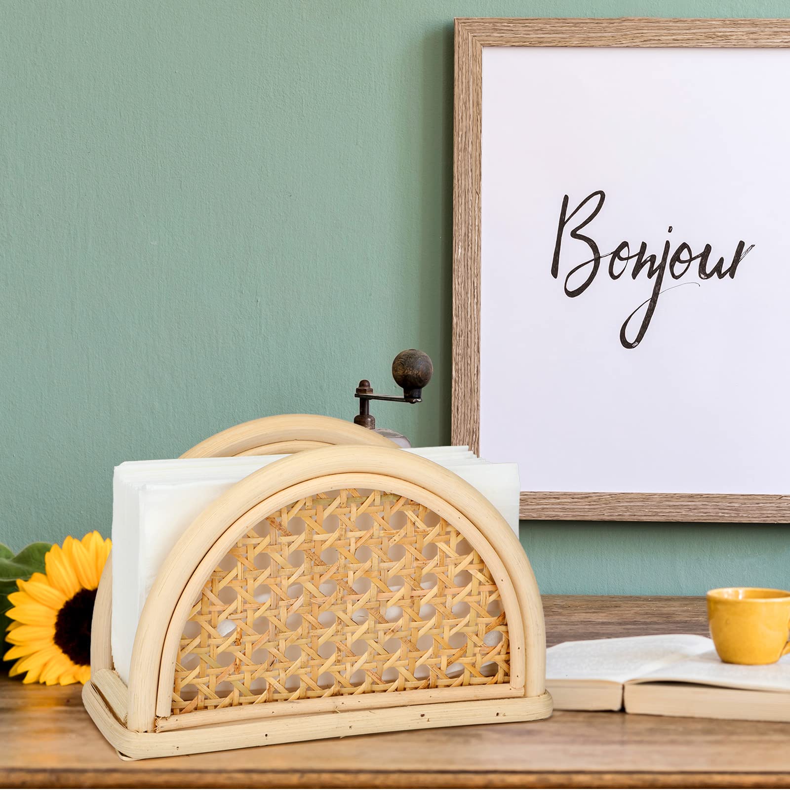 Tatuo Set of 3 Boho Rectangular Rattan Boxes with Glass Lids Woven Basket with Semicircle Napkin Holder Cane and Rattan Display Storage Basket Decorative Boxes for Home Decoration