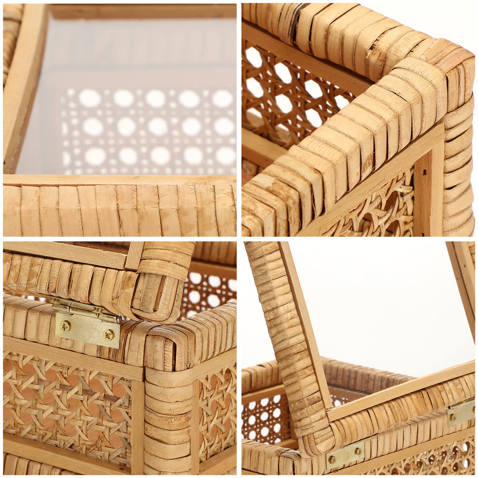 Tatuo Set of 3 Boho Rectangular Rattan Boxes with Glass Lids Woven Basket with Semicircle Napkin Holder Cane and Rattan Display Storage Basket Decorative Boxes for Home Decoration