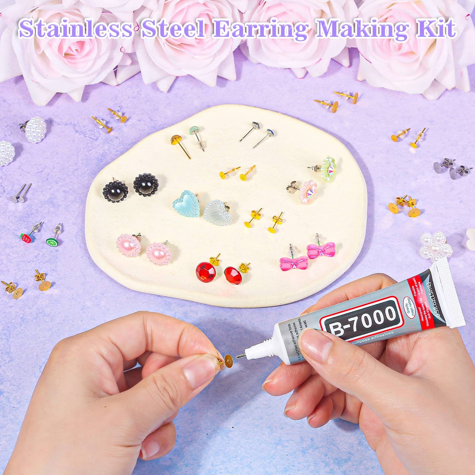 anezus Jewelry Glue with Earring Posts for Jewelry Making, 600pcs Stainless Steel Earring Posts and Backs Silver and Gold Earring Posts with Rubber Earring Backs for Earring Making Supplies