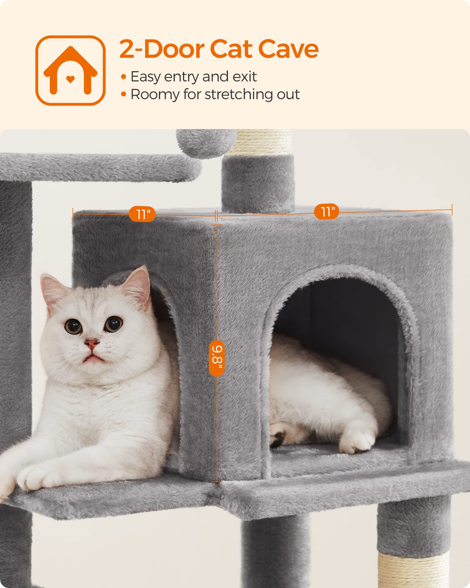 Feandrea Cat Tree, 44.1-Inch Cat Tower for Indoor Cats, Multi-Level Cat Condo with 4 Scratching Posts, 2 Perches, Hammock, Cave, Light Gray UPCT261W01