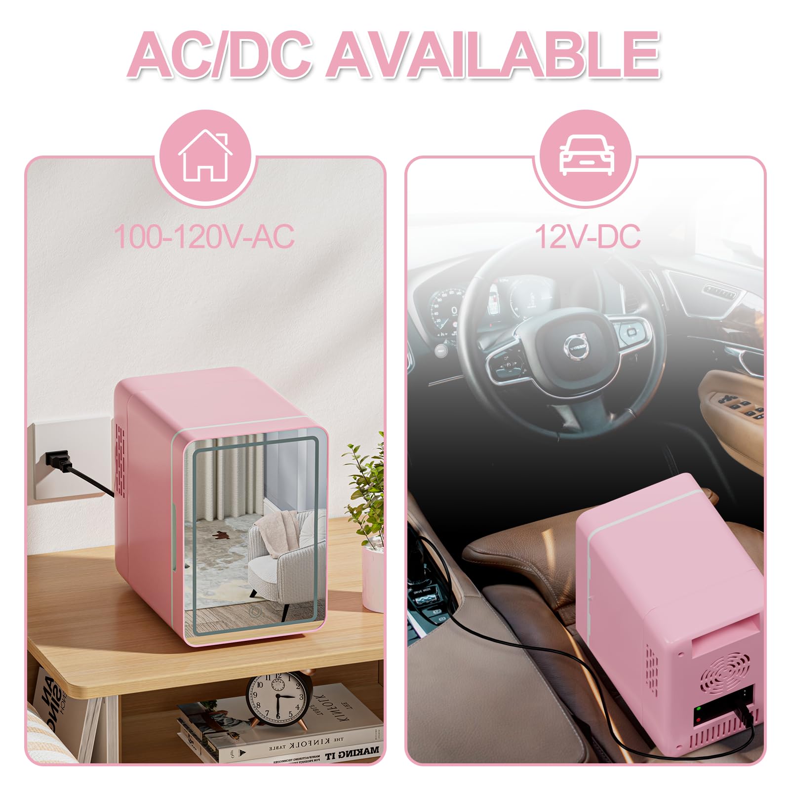 SPECILITE Mini Fridge for Skin Care, Portable Beauty Fridge with Mirror and LED Lighting (4 Liter/6 Can) Cooler and Warmer, Personal AC/DC Refrigerator for Skincare, Makeup, Beverage, Office, Bedroom (Pink)