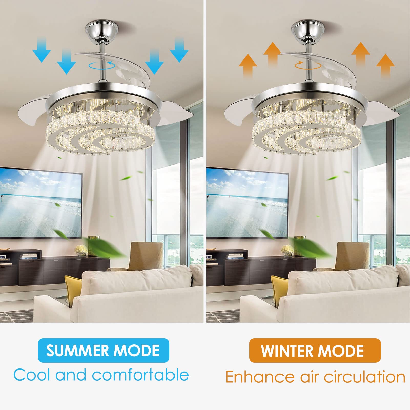 FRIXCHUR 42" Dimmable Fandelier Led Crystal Chandelier Ceiling Fans with Lights and Remote Moon Shape Retractable Chandelier Ceiling Fan for Bedroom Living Room Dining Room 30W*2