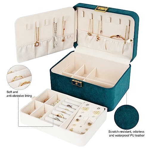 KAMIER Jewelry Box, 2 Layers PU Leather Jewelry Organizer Box, Large Capacity, Double Lock and Large Mirror, Hidden Necklace Hooks, Removable Dividers, Gift Box Packaging,Velvet Peacock Blue