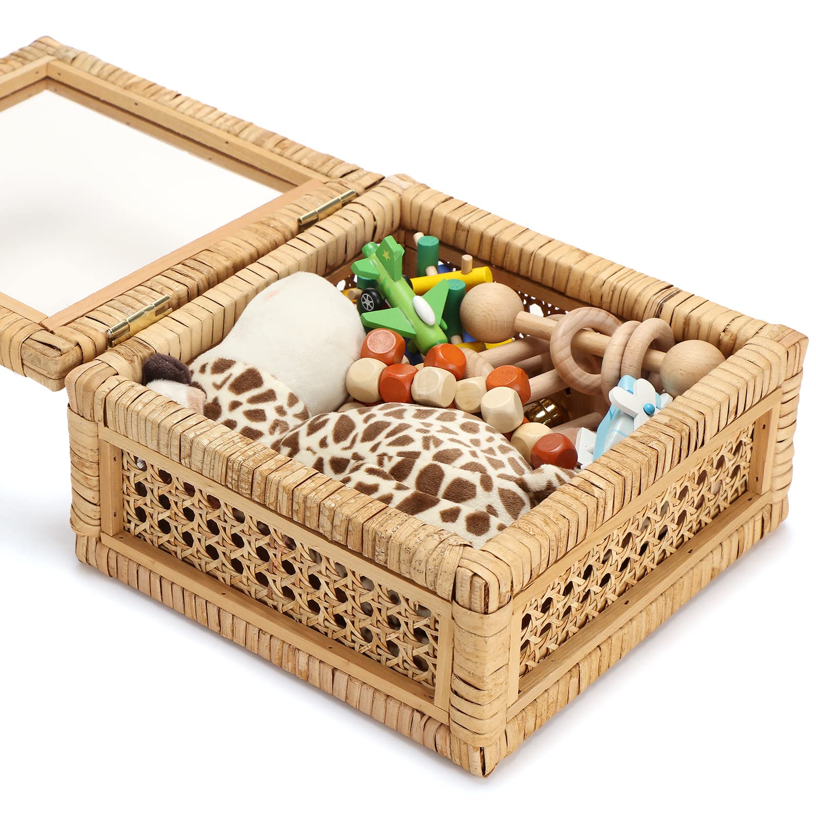 Tatuo Set of 3 Boho Rectangular Rattan Boxes with Glass Lids Woven Basket with Semicircle Napkin Holder Cane and Rattan Display Storage Basket Decorative Boxes for Home Decoration