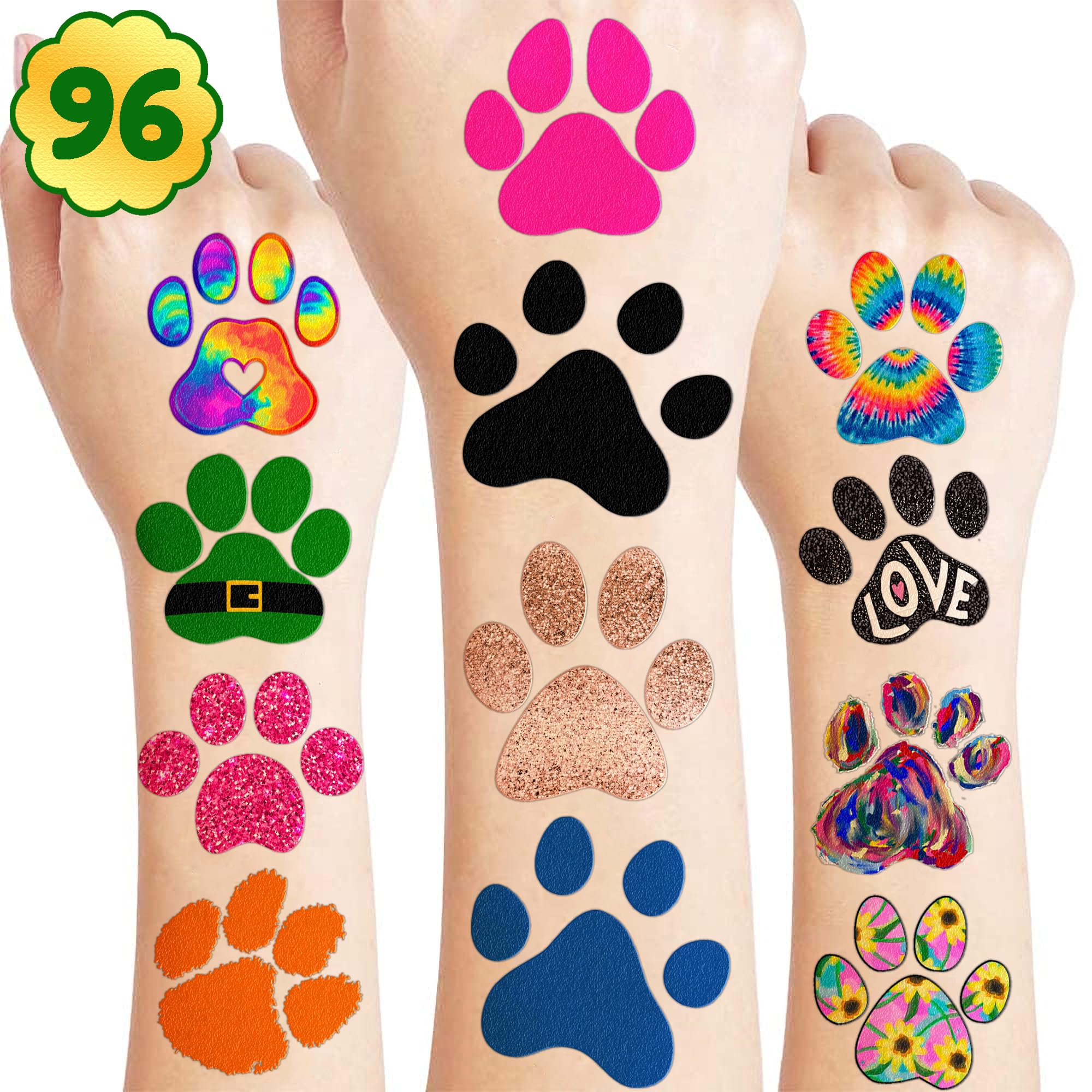Dog Paw Tattoos Temporary Birthday Party Supplies Decorations Favors Cute Tattoo Sticker 8 Sheets 96 PCS Gifts for Kids Girls Boys Class School Prizes Rewards Carnival Christmas