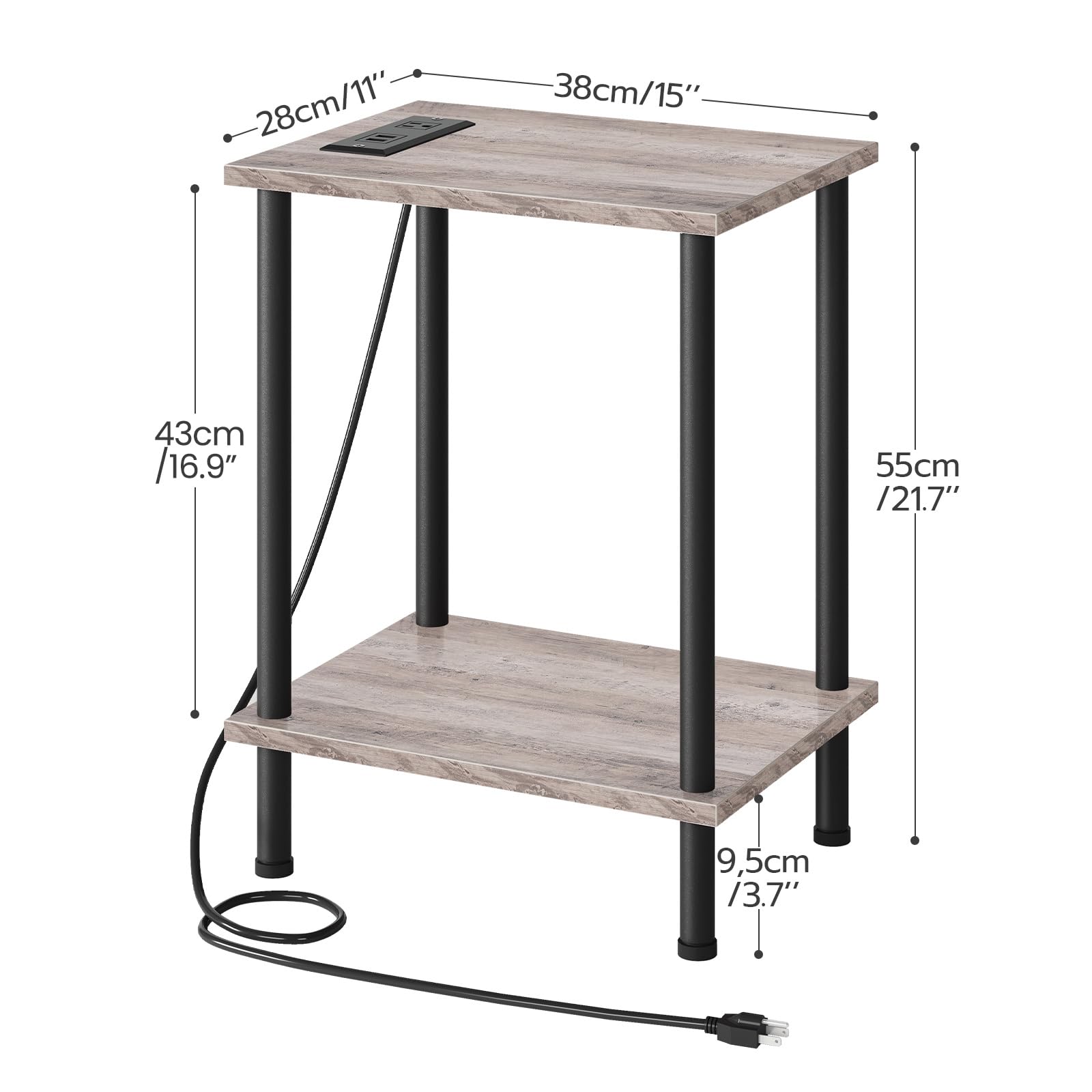 HOOBRO Side Table with Charging Station, End Table with USB Ports and Outlet, Nightstand with 2-Layer Storage Shelves for Small Spaces, Living Room, Bedroom, Stable Frame, Greige and Black BG09UBZ01