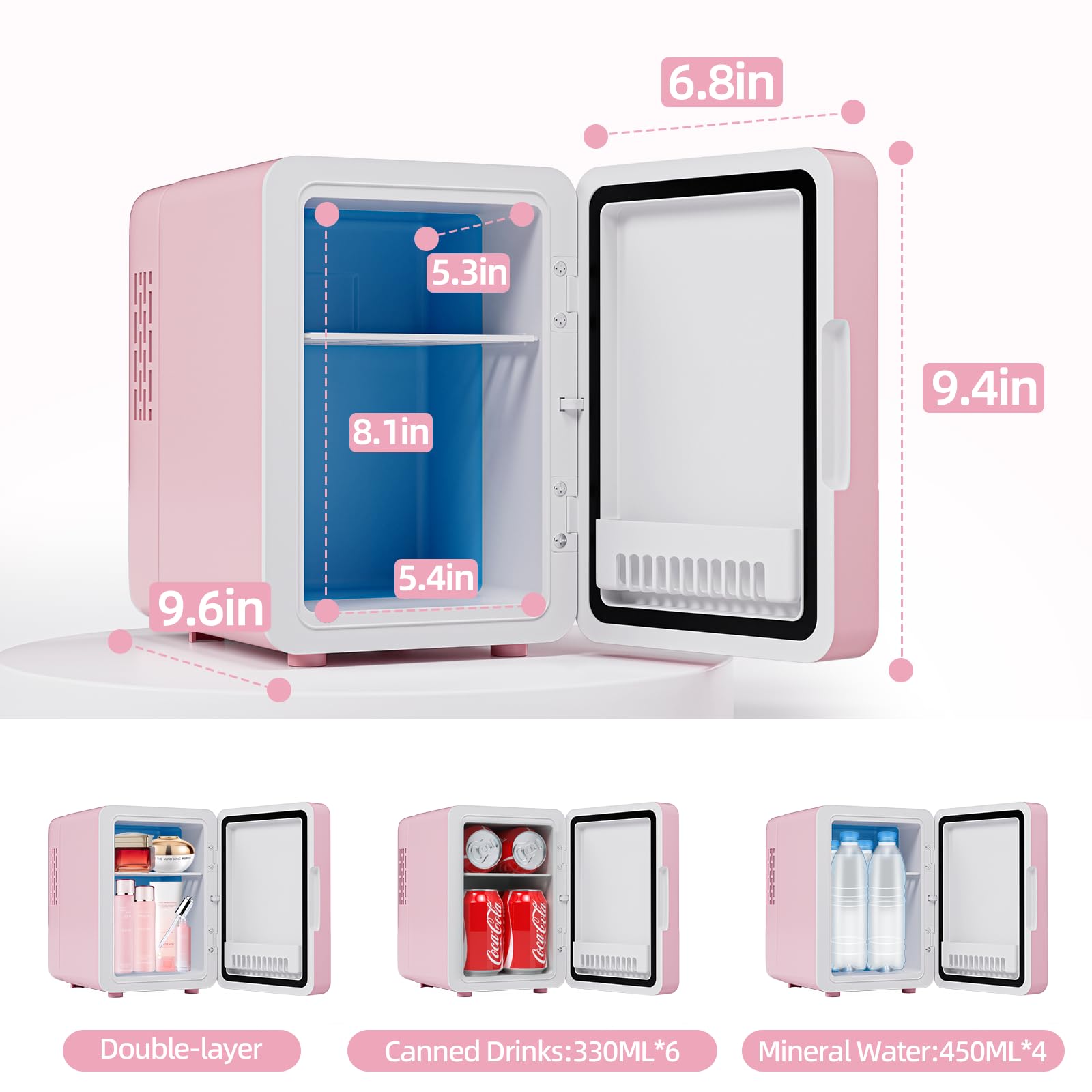 SPECILITE Mini Fridge for Skin Care, Portable Beauty Fridge with Mirror and LED Lighting (4 Liter/6 Can) Cooler and Warmer, Personal AC/DC Refrigerator for Skincare, Makeup, Beverage, Office, Bedroom (Pink)