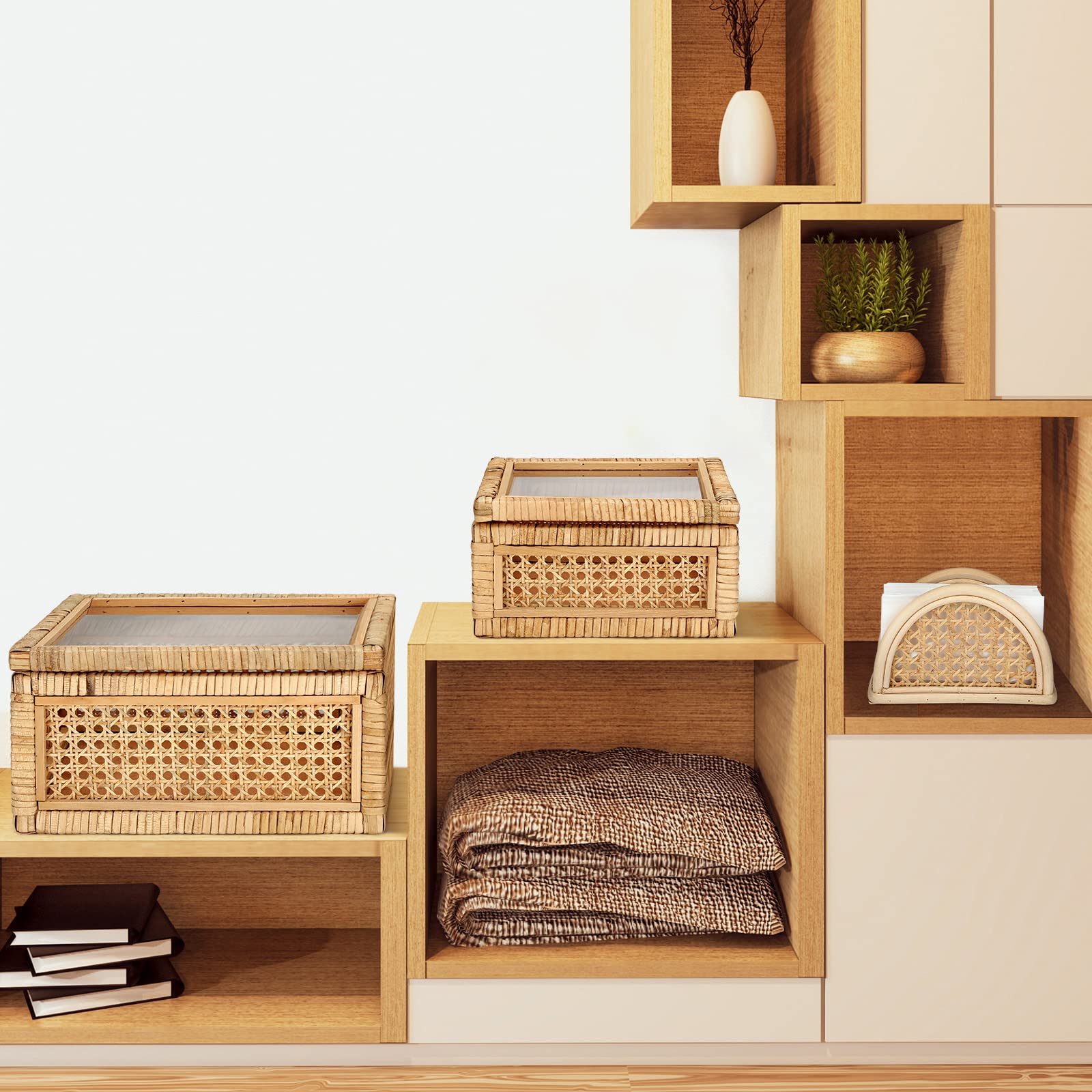 Tatuo Set of 3 Boho Rectangular Rattan Boxes with Glass Lids Woven Basket with Semicircle Napkin Holder Cane and Rattan Display Storage Basket Decorative Boxes for Home Decoration