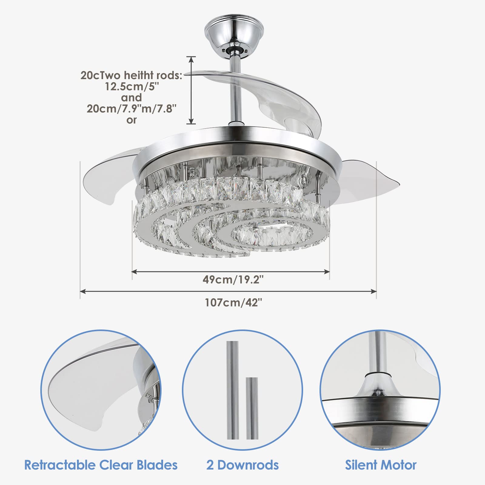 FRIXCHUR 42" Dimmable Fandelier Led Crystal Chandelier Ceiling Fans with Lights and Remote Moon Shape Retractable Chandelier Ceiling Fan for Bedroom Living Room Dining Room 30W*2