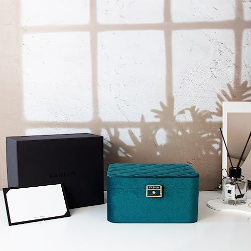 KAMIER Jewelry Box, 2 Layers PU Leather Jewelry Organizer Box, Large Capacity, Double Lock and Large Mirror, Hidden Necklace Hooks, Removable Dividers, Gift Box Packaging,Velvet Peacock Blue