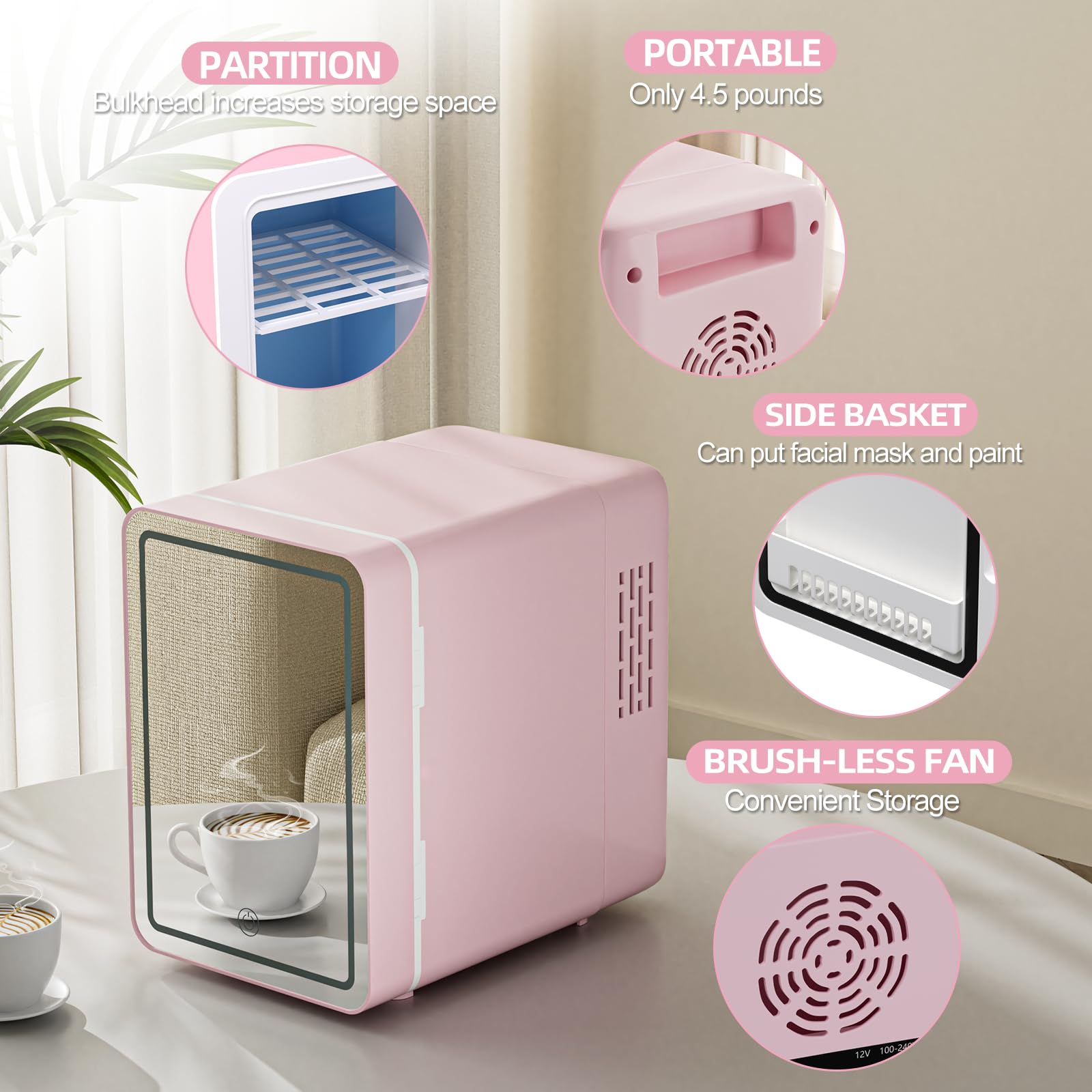 SPECILITE Mini Fridge for Skin Care, Portable Beauty Fridge with Mirror and LED Lighting (4 Liter/6 Can) Cooler and Warmer, Personal AC/DC Refrigerator for Skincare, Makeup, Beverage, Office, Bedroom (Pink)