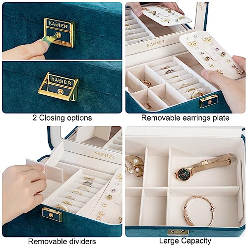 KAMIER Jewelry Box, 2 Layers PU Leather Jewelry Organizer Box, Large Capacity, Double Lock and Large Mirror, Hidden Necklace Hooks, Removable Dividers, Gift Box Packaging,Velvet Peacock Blue