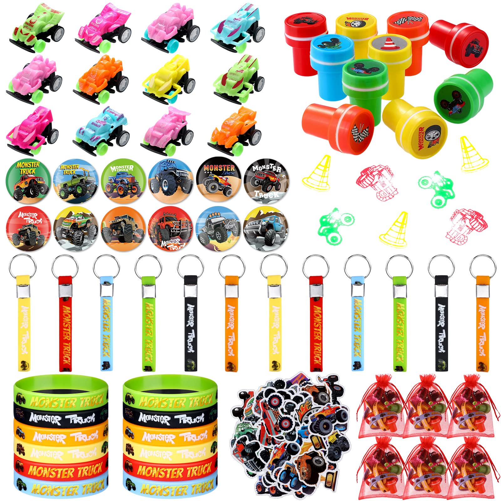 122 Pcs Truck Party Favors Kits Set Truck Theme Mini Cars Toys Cartoon Tattoo Stickers Keychain Wristband Bracelet Badge Stamper Goody Treat Candy Bags for Girls Boys Birthday Party Supplies